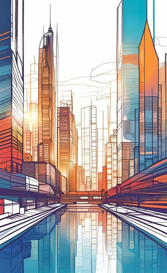 Skyscrapers at Sunset, Graphic Perspective of Buildings, Abstract ...