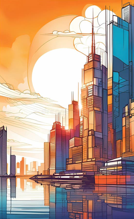 Skyscrapers at Sunset, Graphic Perspective of Buildings, Abstract ...
