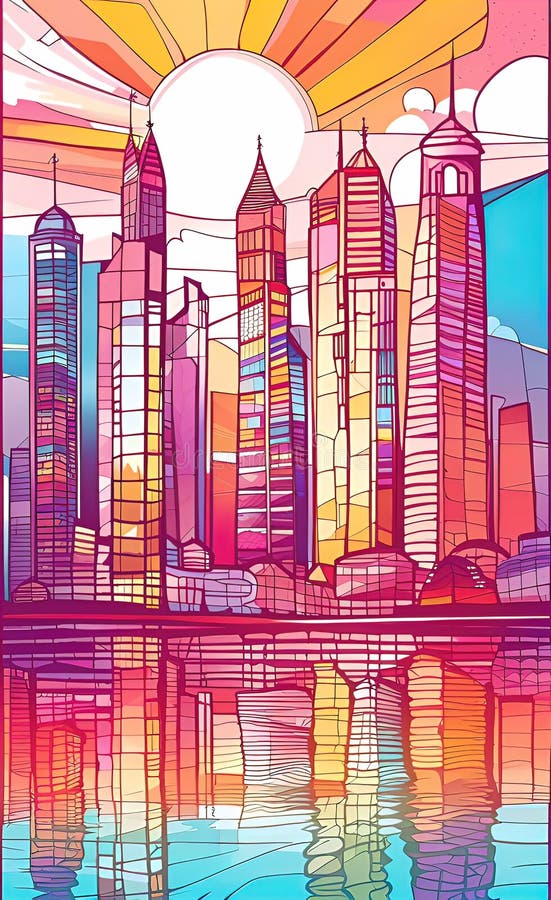 Skyscrapers at Sunset, Graphic Perspective of Buildings, Abstract ...