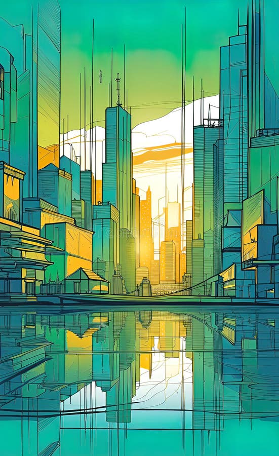 Skyscrapers at Sunset, Graphic Perspective of Buildings, Abstract ...