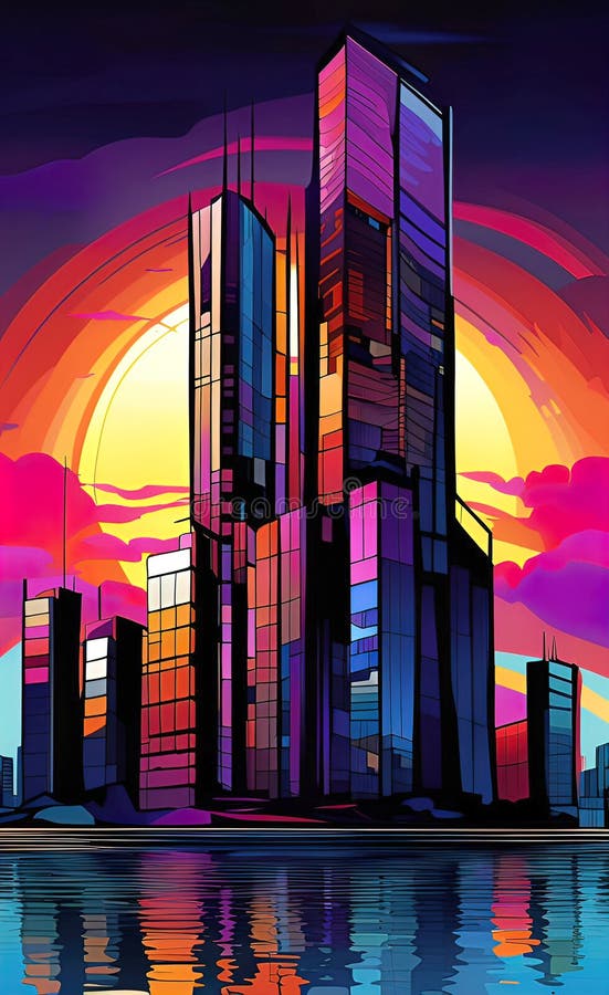 Skyscrapers at Sunset, Graphic Perspective of Buildings, Abstract ...