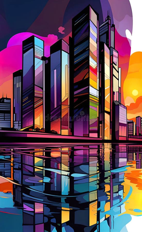 Skyscrapers at Sunset, Graphic Perspective of Buildings, Abstract ...