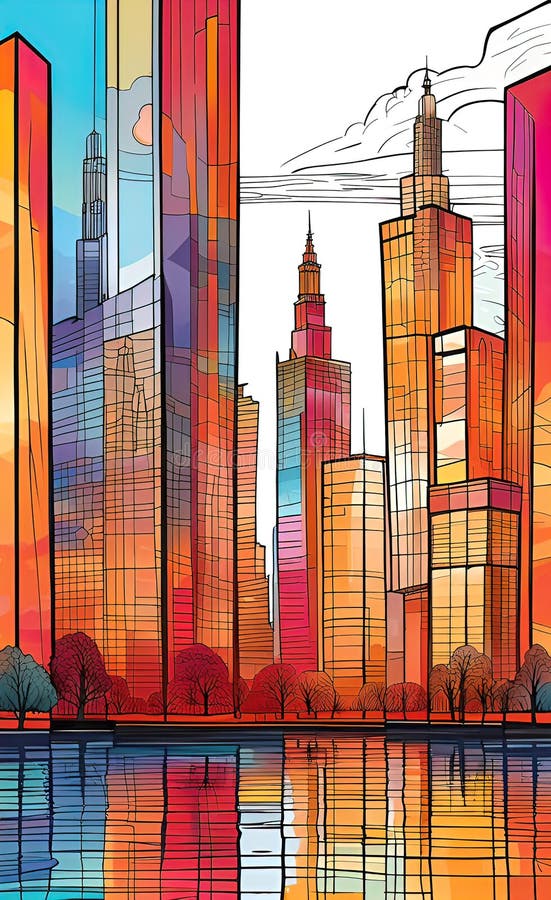 Skyscrapers at Sunset, Graphic Perspective of Buildings, Abstract ...