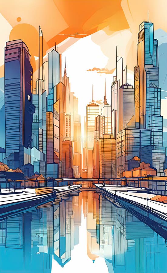 Skyscrapers at Sunset, Graphic Perspective of Buildings, Abstract ...