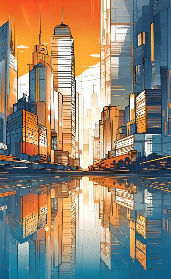 Skyscrapers at Sunset, Graphic Perspective of Buildings, Abstract ...