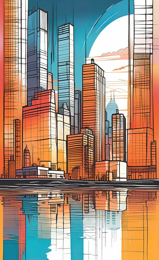 Skyscrapers at Sunset, Graphic Perspective of Buildings, Abstract ...