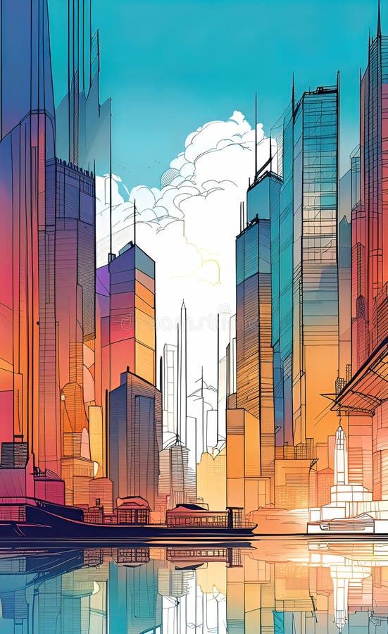 Skyscrapers at Sunset, Graphic Perspective of Buildings, Abstract ...