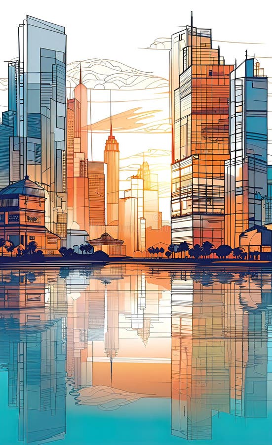 Skyscrapers at Sunset, Graphic Perspective of Buildings, Abstract ...