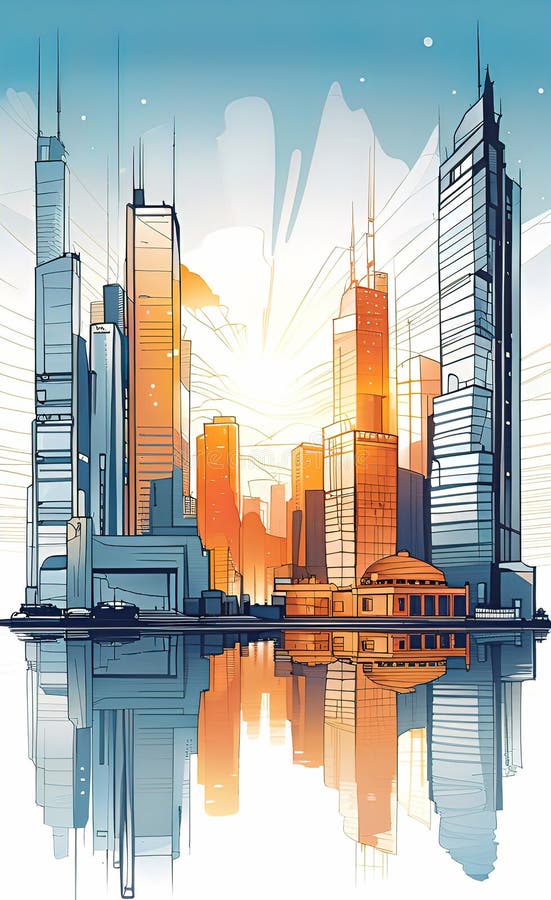 Skyscrapers at Sunset, Graphic Perspective of Buildings, Abstract ...