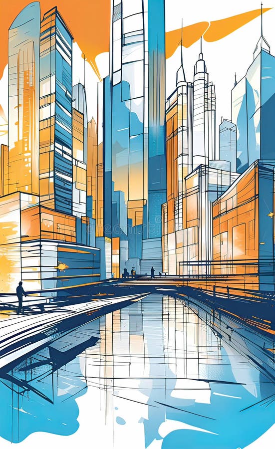 Skyscrapers at Sunset, Graphic Perspective of Buildings, Abstract ...