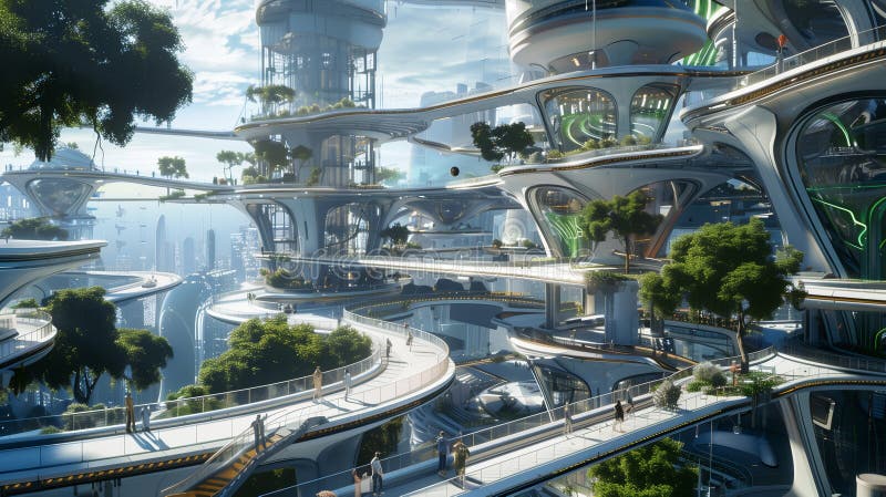 Skywalks and Elevated Walkways in a Futuristic City Stock Illustration ...