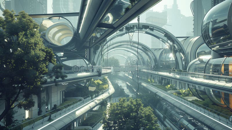 Skywalks and Elevated Walkways in a Futuristic City Stock Illustration ...