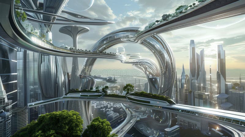 Skywalks and Elevated Walkways in a Futuristic City Stock Illustration ...