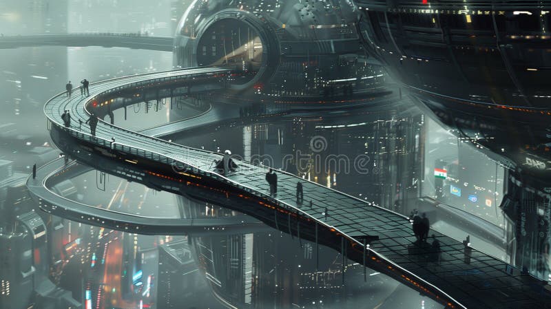 Skywalks and Elevated Walkways in a Futuristic City Stock Illustration ...