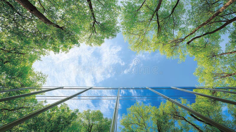 Skyward Gaze Trees Reflected in Modern Architecture, Connecting Nature ...