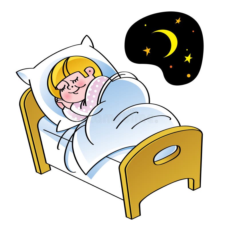 Cartoon Meisje Slaapt in Haar Bed, Kinderclipart Vector Illustratie ...