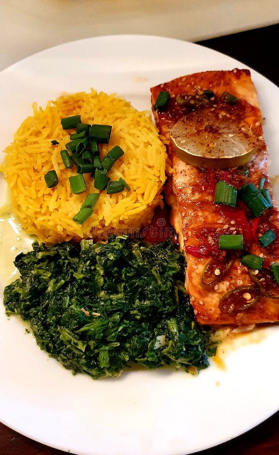 Slamon Rice Spinat stock image. Image of fruit, meat - 260715067