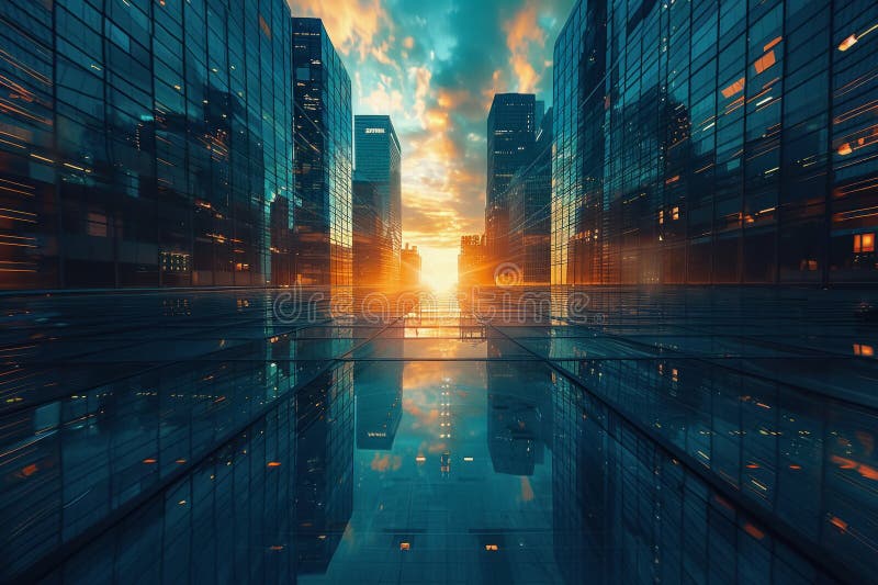 Slash Sun Piercing through a Futuristic Skyline Casting Shadows and ...
