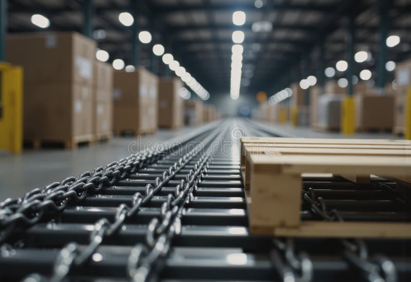 Slat Chain Conveyor Transporting Heavy Pallets Across a Busy Loading ...