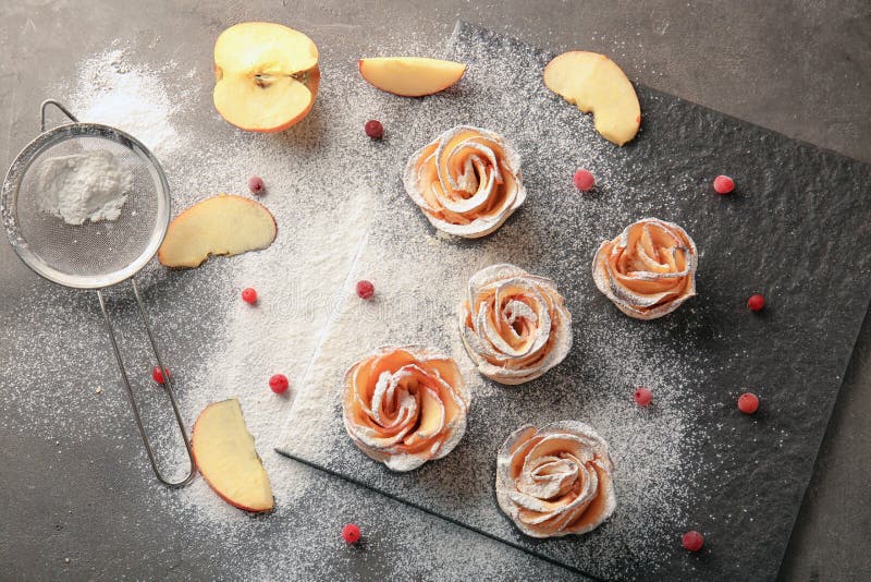 Slate Board with Tasty Apple Roses from Puff Pastry on Table Stock ...
