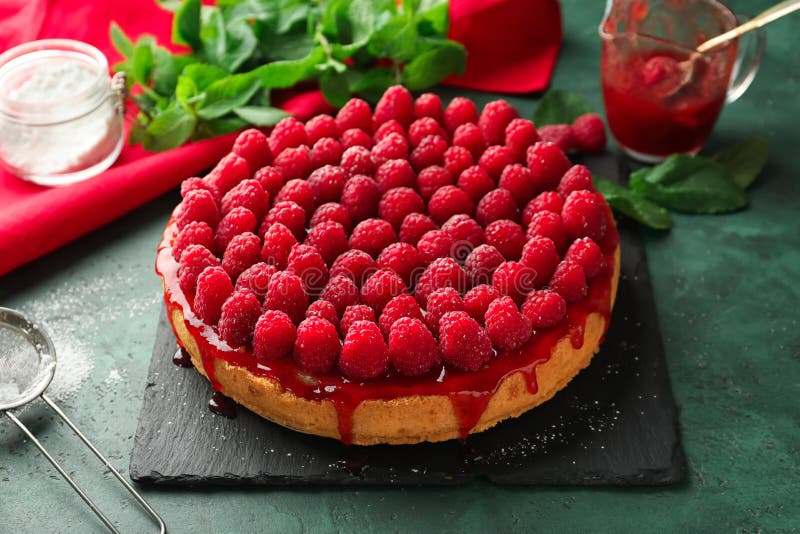Slate Plate with Delicious Raspberry Cheesecake on Table Stock Image ...