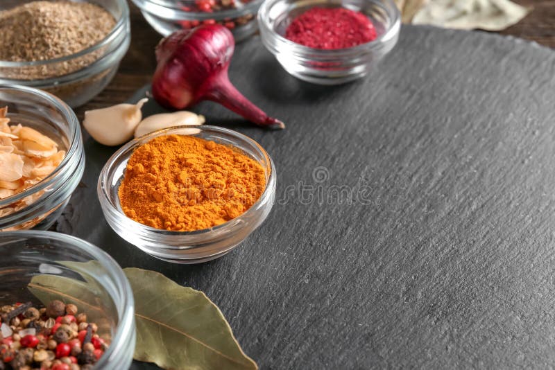 Slate Plate with Various Spices on Table Stock Photo - Image of ...