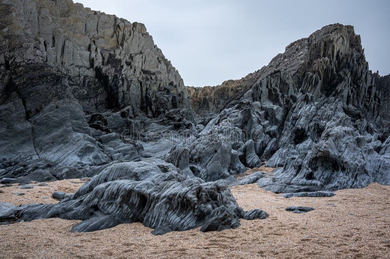 Slate Rock Formations at Barricane Beach, Woolacombe, Devon Stock Image ...