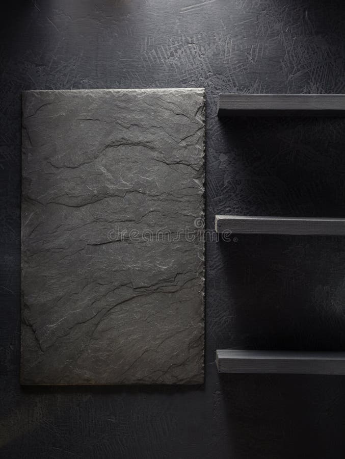 Slate Stone and Wall Shelf on Black Background Stock Image - Image of ...