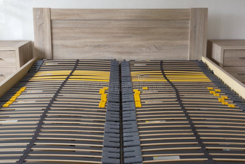 Slatted Base, Wooden Element Double Bed Frame Close Up in Bedroom ...