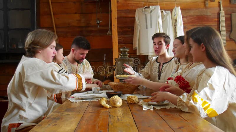 Slavic Family Eats Pancakes in an Old House. Stock Video - Video of ...