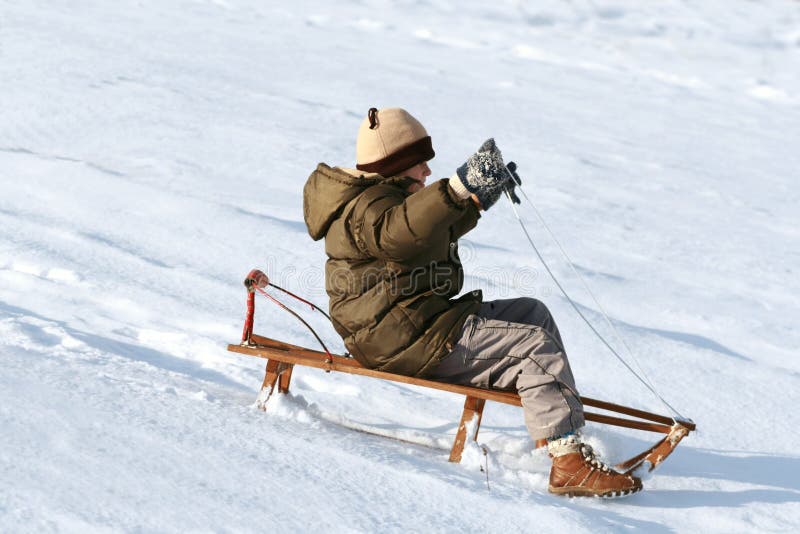Sled & boy stock photo. Image of child, downhill, outdoors - 7646984