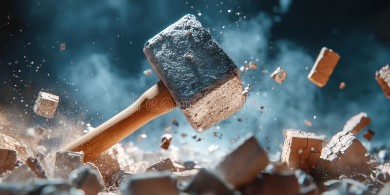 Sledgehammer Striking Bricks, Debris Flying, Dramatic Lighting, Intense ...
