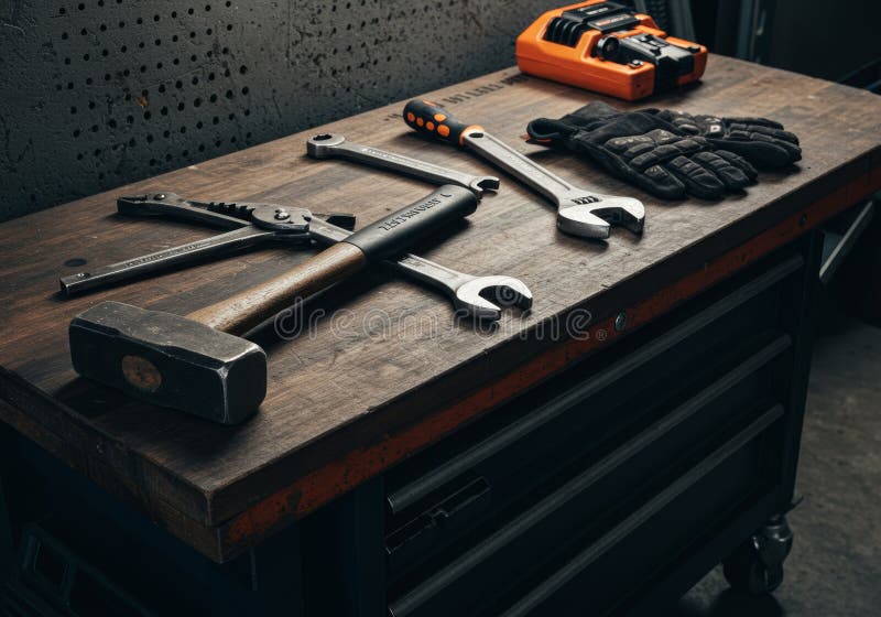 Sledgehammer and Tools Arranged on a Wooden Workbench in a Well ...