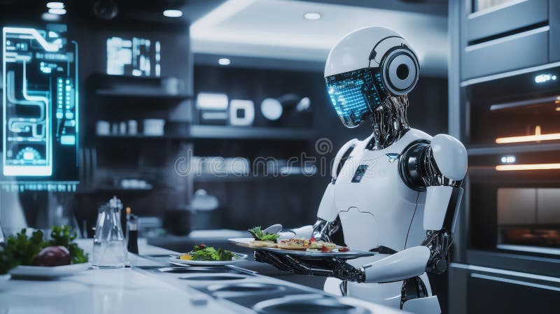 A Sleek, Advanced Humanoid Robot with a Digital Display Face Preparing ...