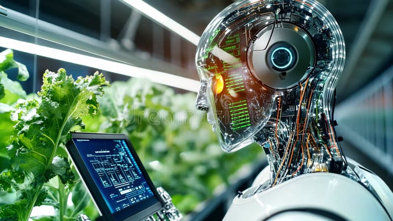 Futuristic Robot Examining Data in a High-tech Indoor Vertical Farm ...