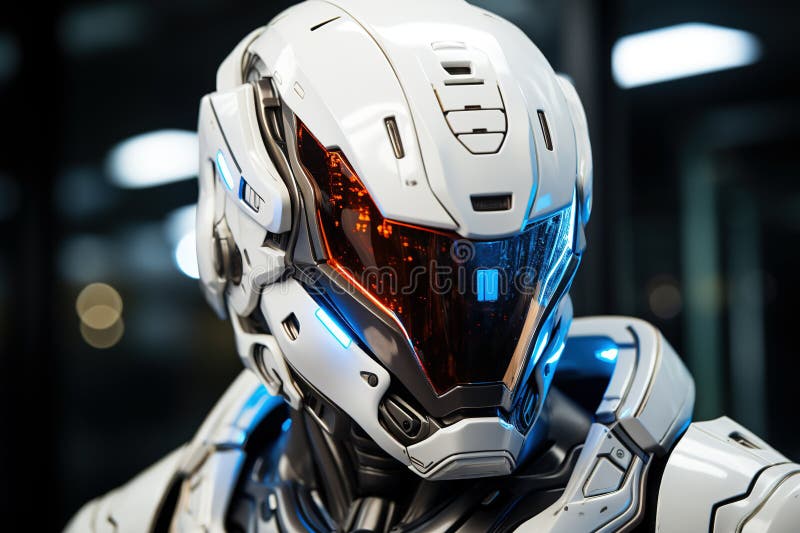 Sleek Advanced Robotic Head with Reflective Visor and LED Lights. AI ...