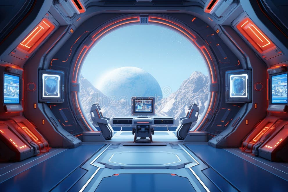 A Sleek and Advanced Sci-fi Space Station Featuring Two Monitors and a ...