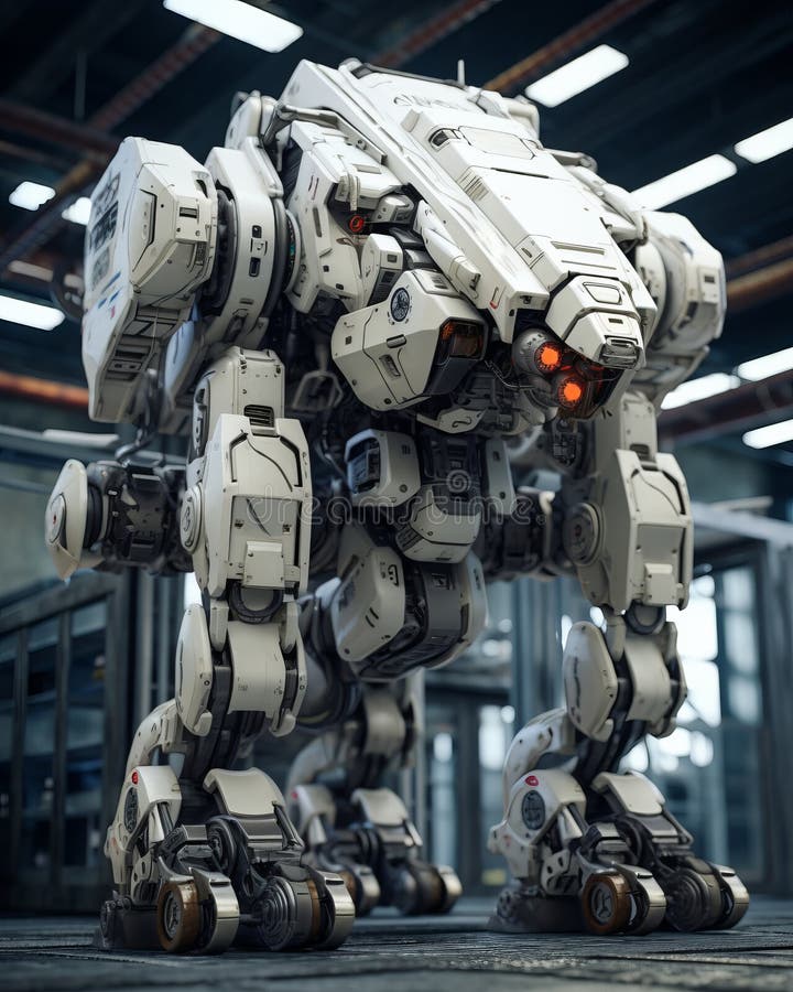 A Sleek and Agile Future Combat Mech in a High-tech Military Base Stock ...