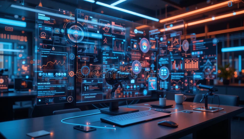 A Sleek, AI-driven Digital Workspace Illuminated by Glowing Floating Interfaces Displaying ...