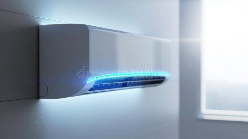 A Sleek Air Conditioning Unit is Mounted on the Wall, Featuring Blue ...