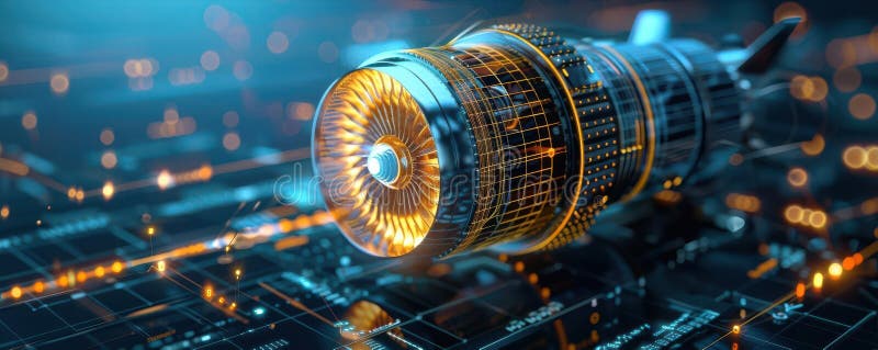 Sleek Aircraft Engine Design with Futuristic Digital Wireframe, Showing ...