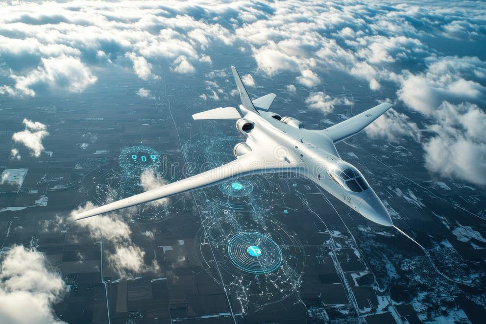 Advanced Aircraft Flying Above Clouds with Digital Data Visualizations Beneath Stock Image ...