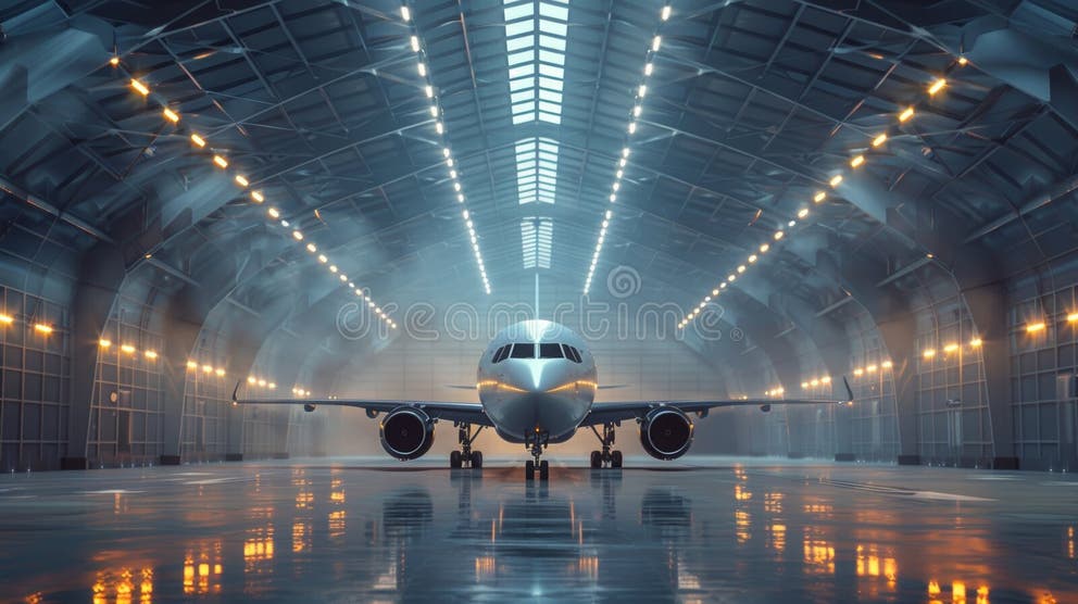 A Sleek Airplane Illuminated by Dramatic Lighting Inside a Spacious ...