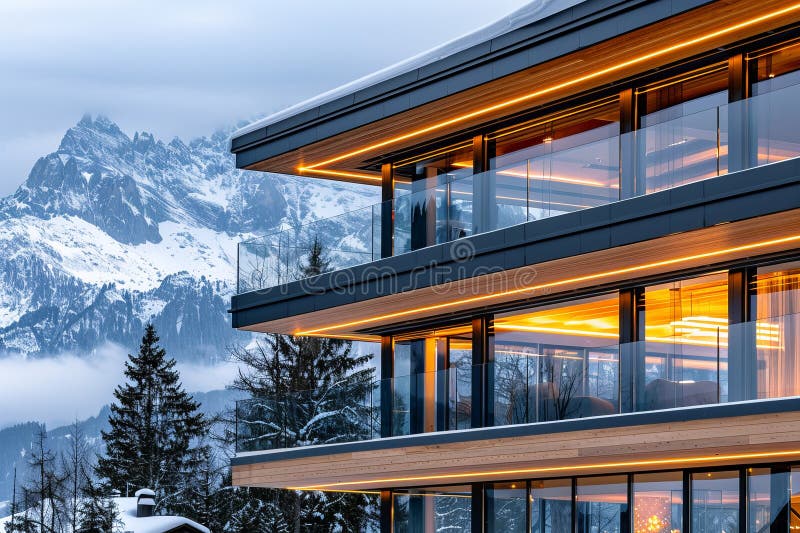 Sleek Alpine Resort Featuring Extensive Glass Windows and Modern ...