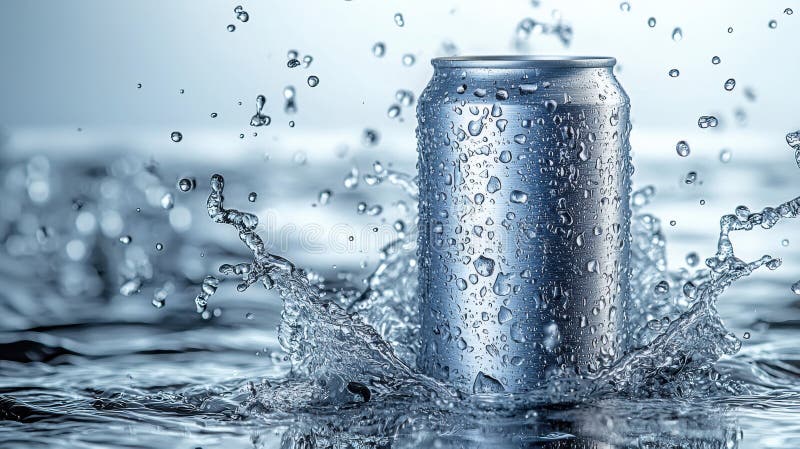Sleek Aluminum Can Surrounded by Splashing Water, Creating Refreshing ...