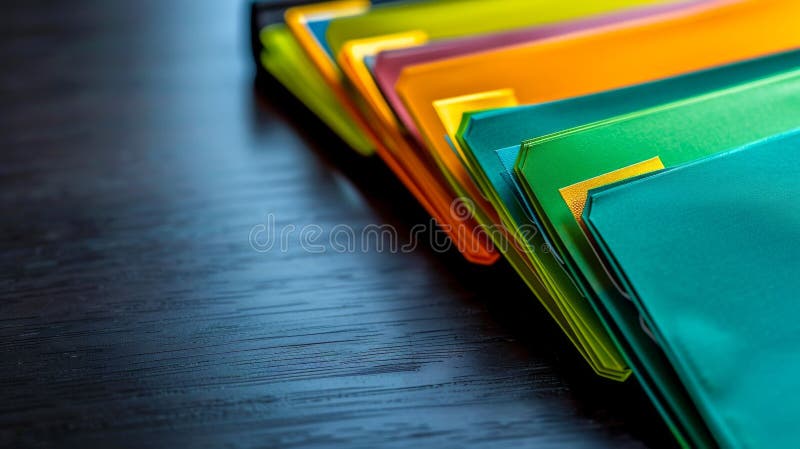 Sleek Array of Colorful File Folders on a Dark Wooden Surface ...