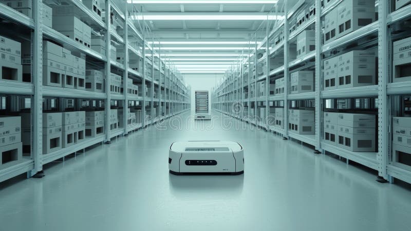 A Sleek Automated Robot Navigates through a Modern Warehouse Filled ...