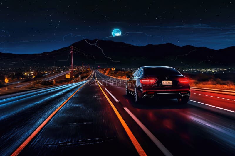 Sleek Autonomous Car Driving on Illuminated Highway at Night Stock ...