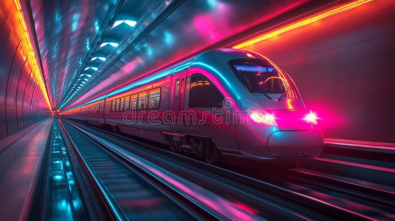 Modern Autonomous Train Operates within a Futuristic Neon Tunnel ...