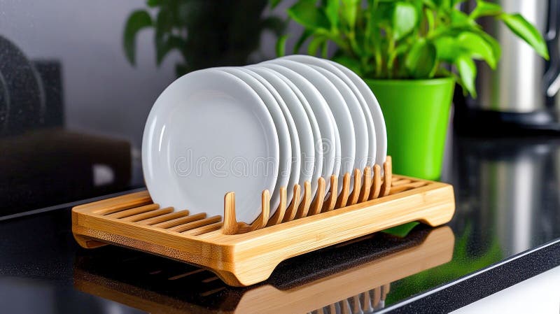 Sleek Bamboo Drying Rack for Dishes in a Modern Kitchen Stock ...